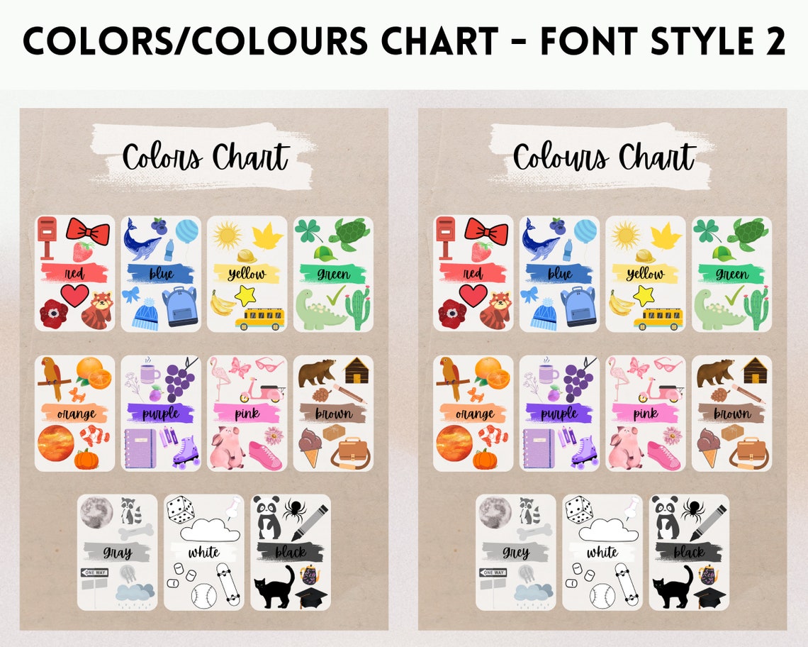Color Chart Posters & One Page Colors Chart Bundle, Classroom Colour ...