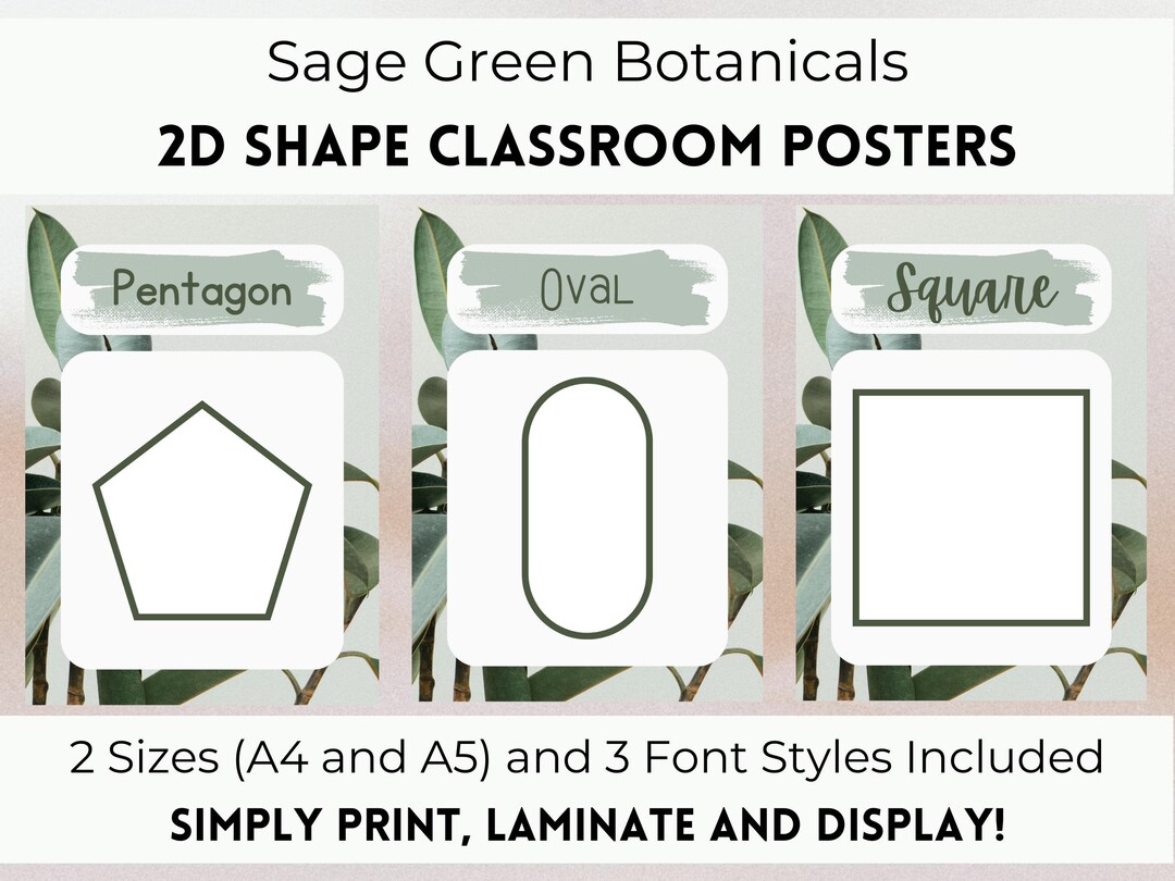 2D Shape Posters, Shape Classroom Posters, Green Botanical Boho Decor ...