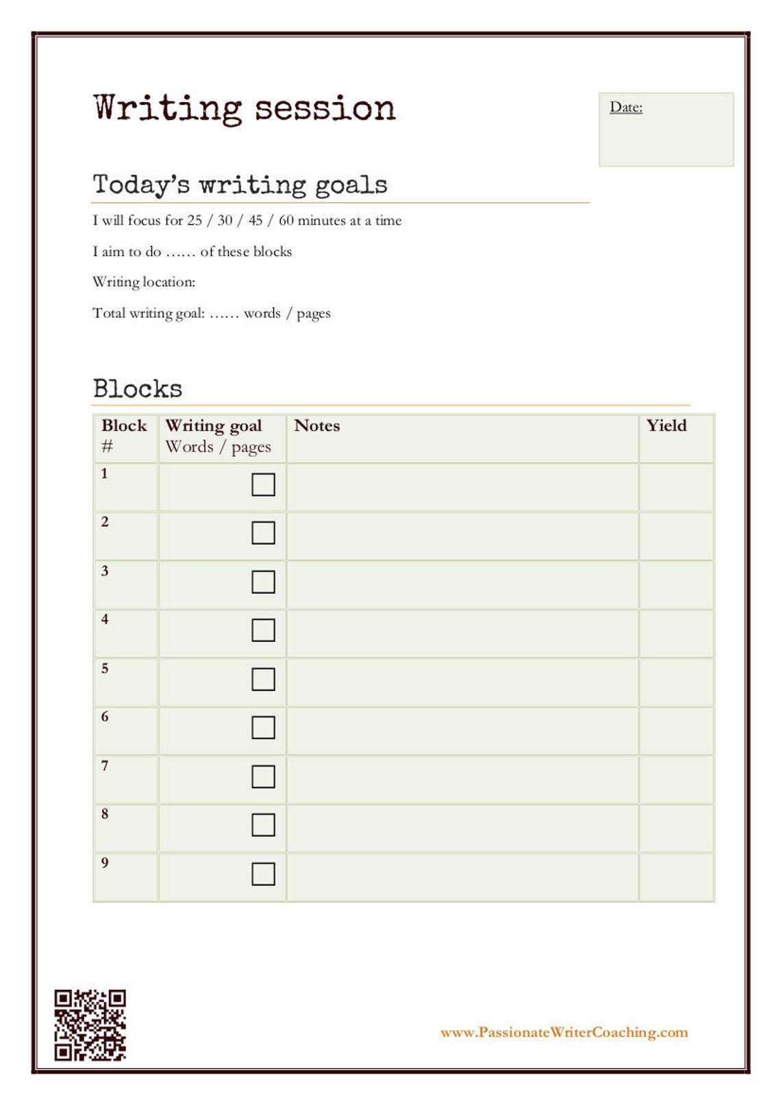 Writing session printable writing project goal and | Etsy