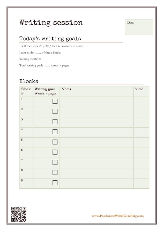 Writing session printable writing project goal and | Etsy