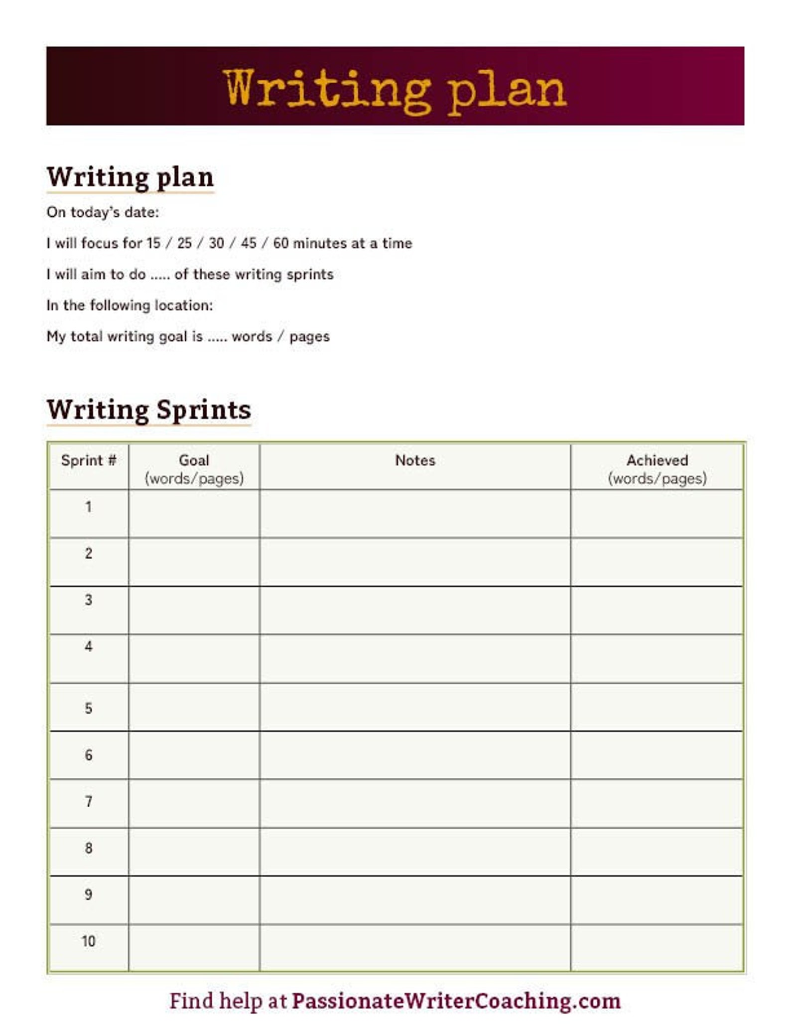 Writing Session Printable - Writing Project Goal and Productivity ...