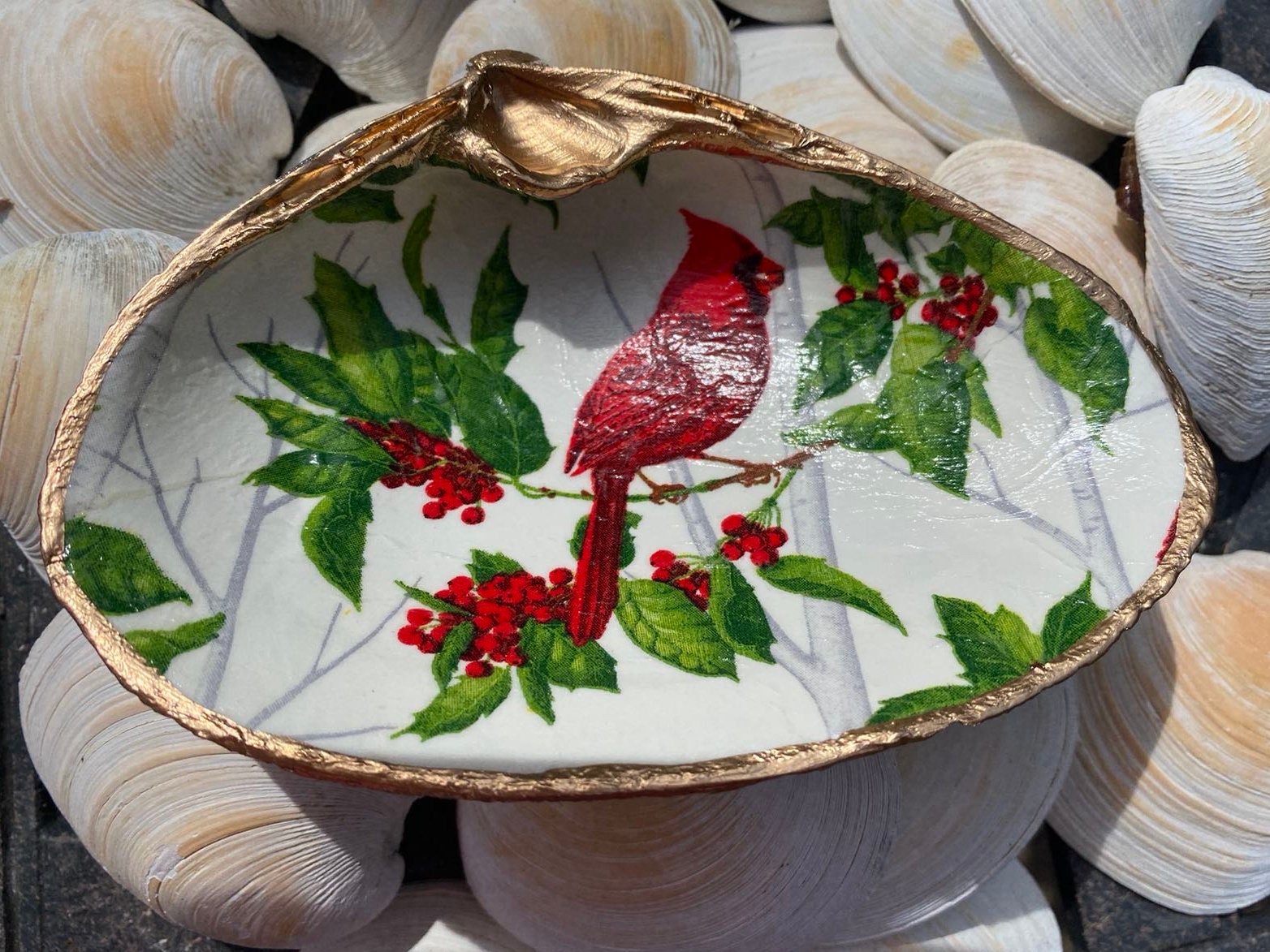 Cardinal on Holly Decoupage Jumbo Clam Shell - Etsy