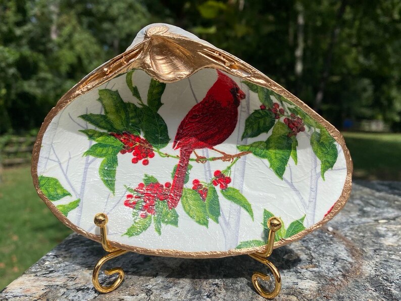 Cardinal on Holly Decoupage Jumbo Clam Shell - Etsy
