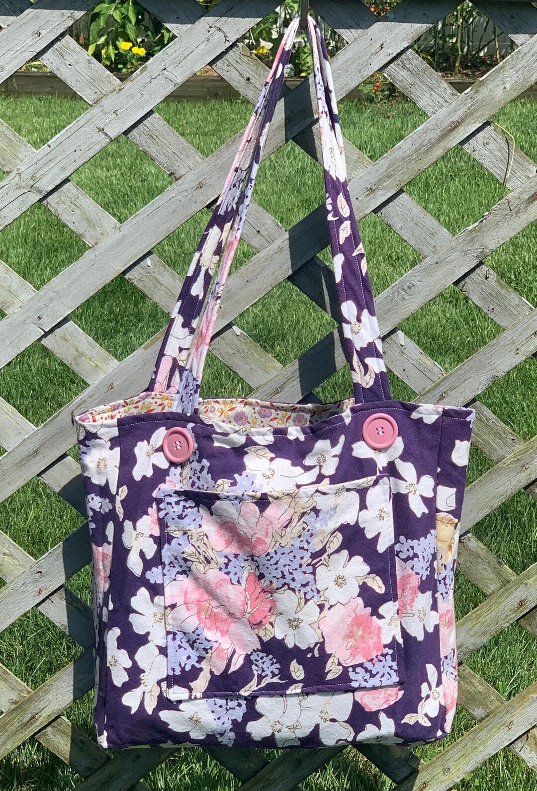 Handmade Market Bag, Floral Tote Bag, Vintage Fabric Bag, Purple Flower ...