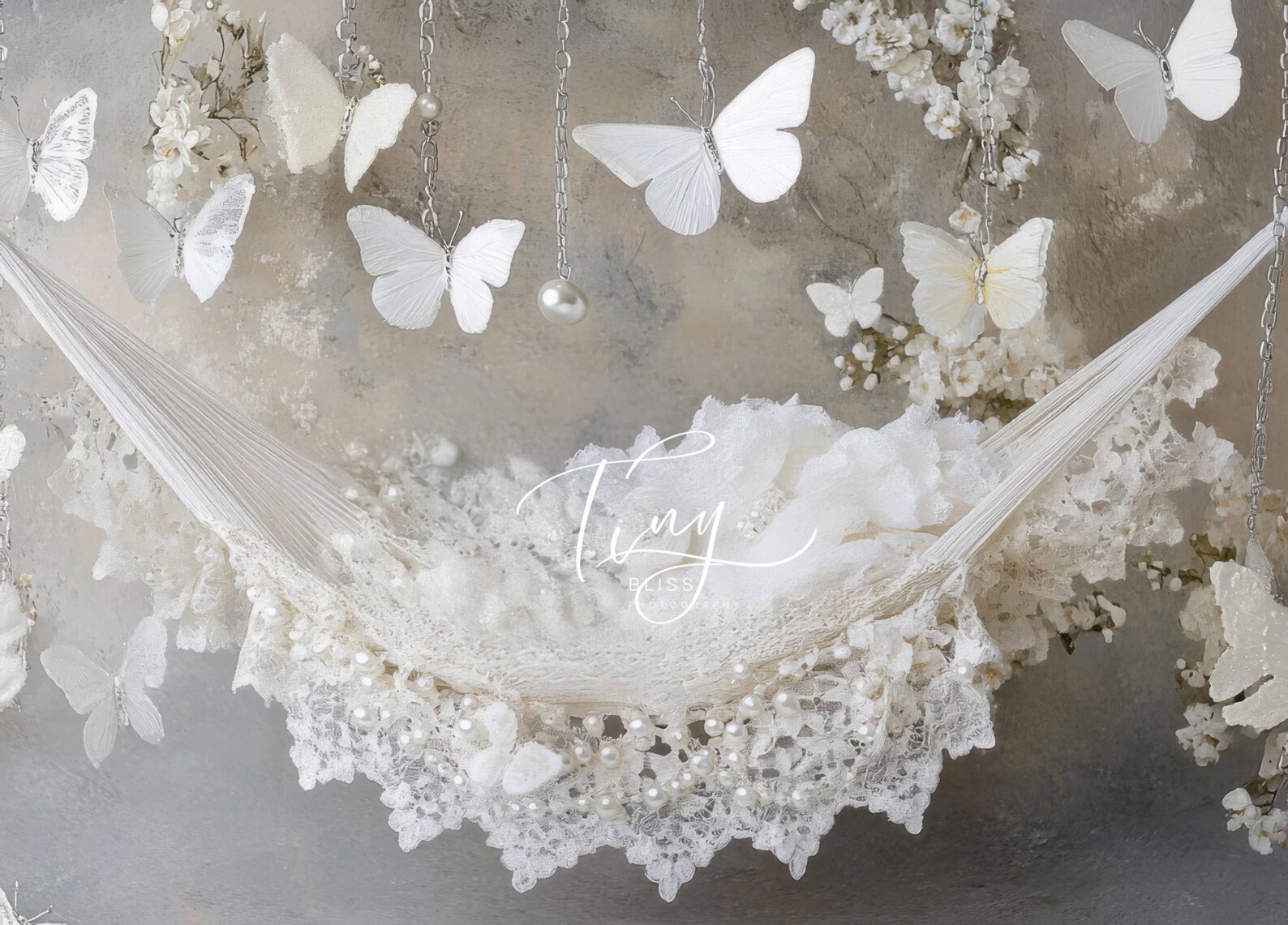 Newborn Swing Digital Background, Butterfly and Pearls , Clean White ...