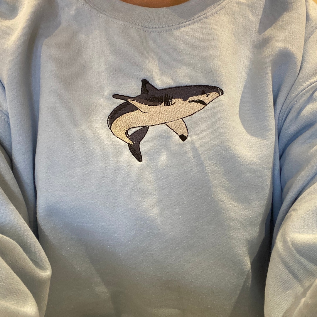 Shark Embroidered Sweatshirt, Shark, Fish, Unisex, Oversized, Crewneck ...