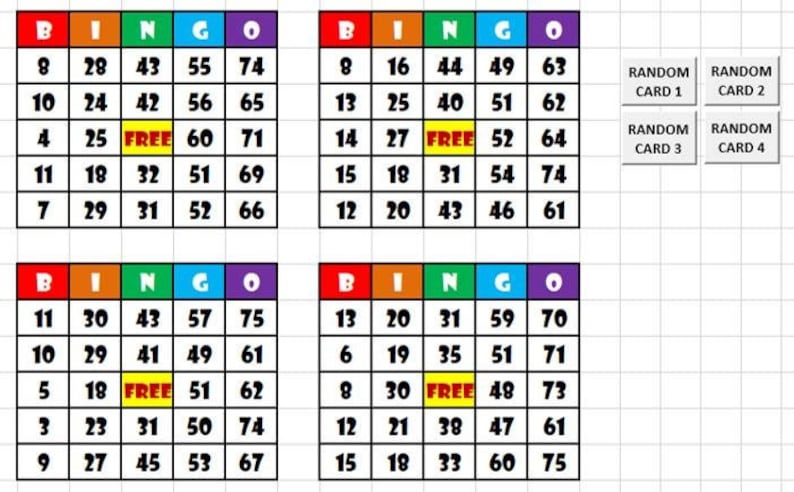 FOUR Bingo Cards Generator Excel File (75 Numbers Version) - Etsy