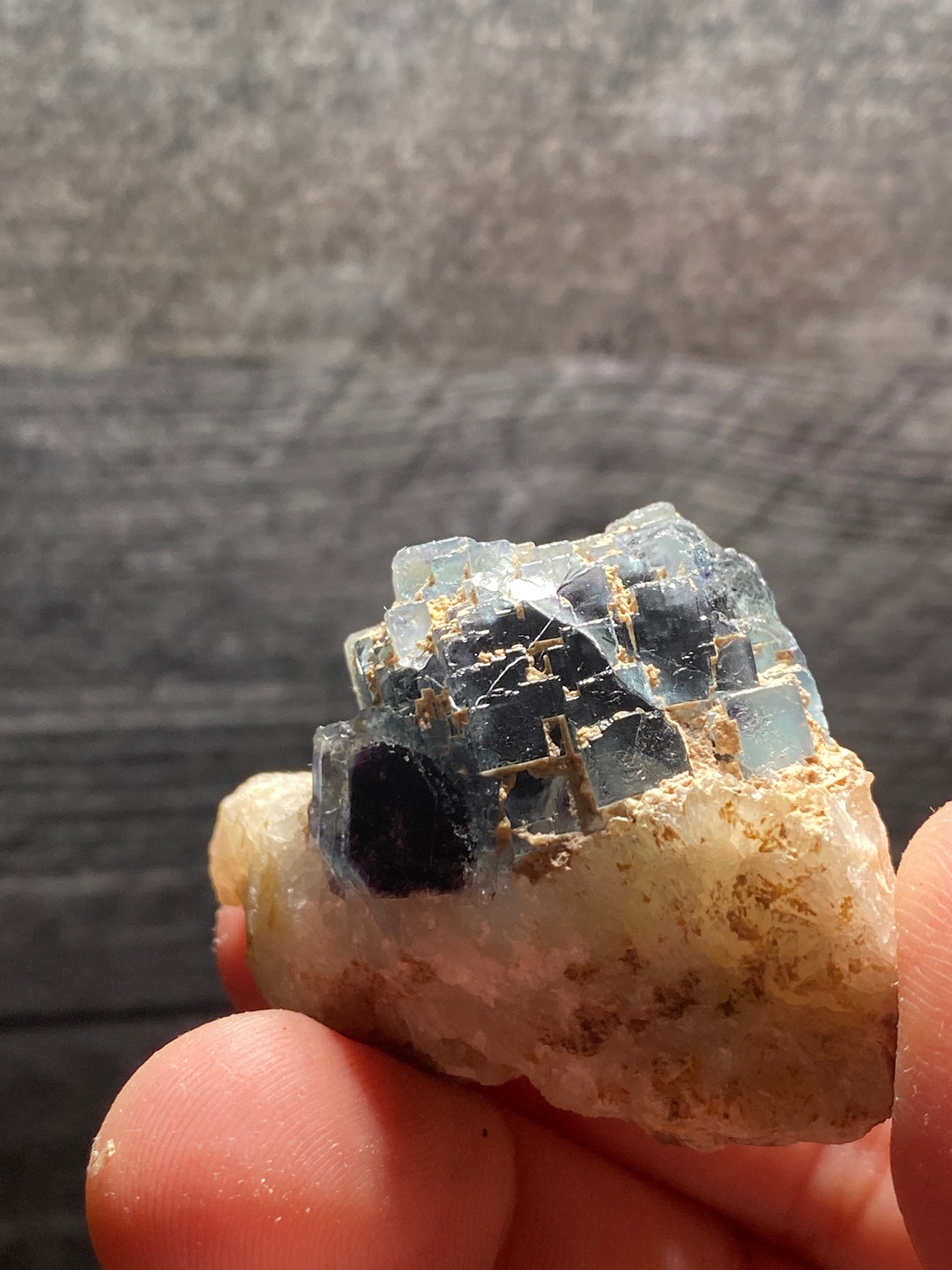 Aqua Blue Stepped Fluorite With Purple Phantom Core on Calcite Matrix ...