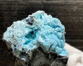 Blue Botryoidal Gibbsite Mineral on Matrix With White Aragonite Trace ...