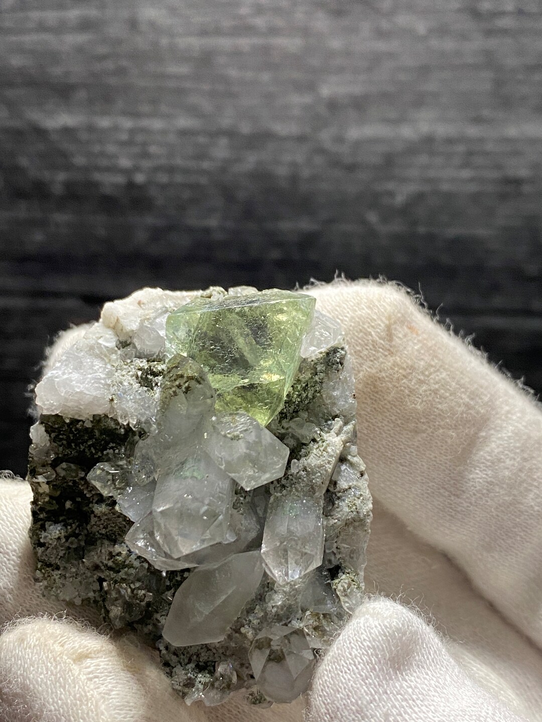 Octahedral Green Phantom Fluorite Crystal With Clear Quartz Crystals on ...