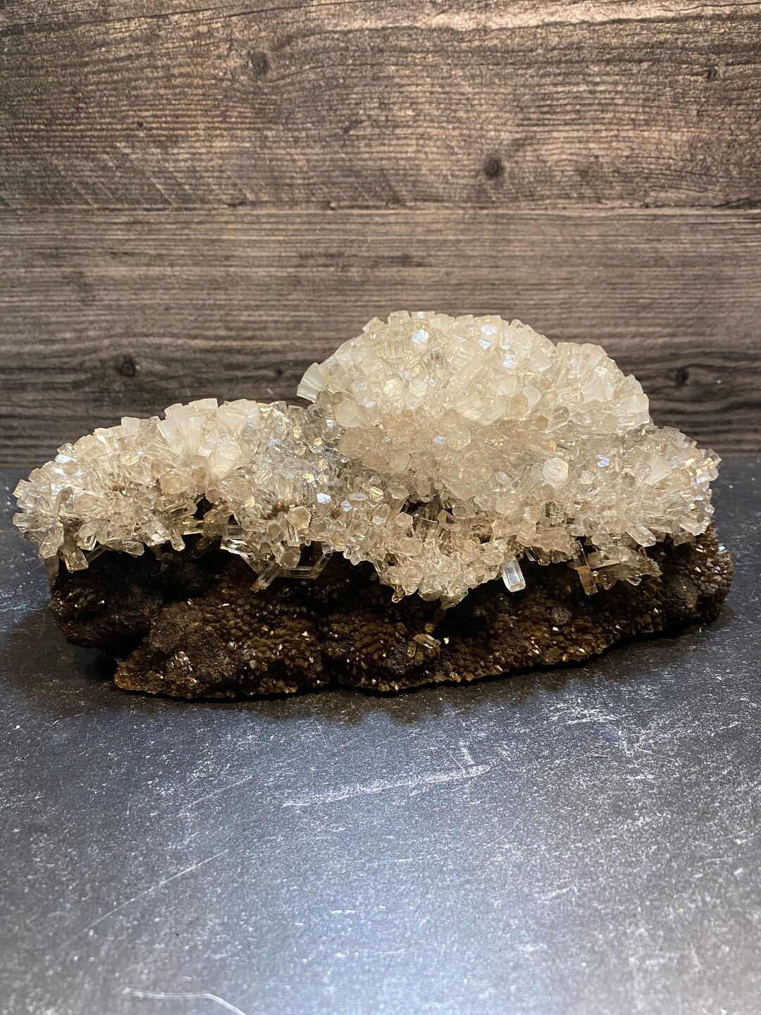 Clear Columnar Hexagonal Calcite Shiny Crystal Clusters on Matrix ...