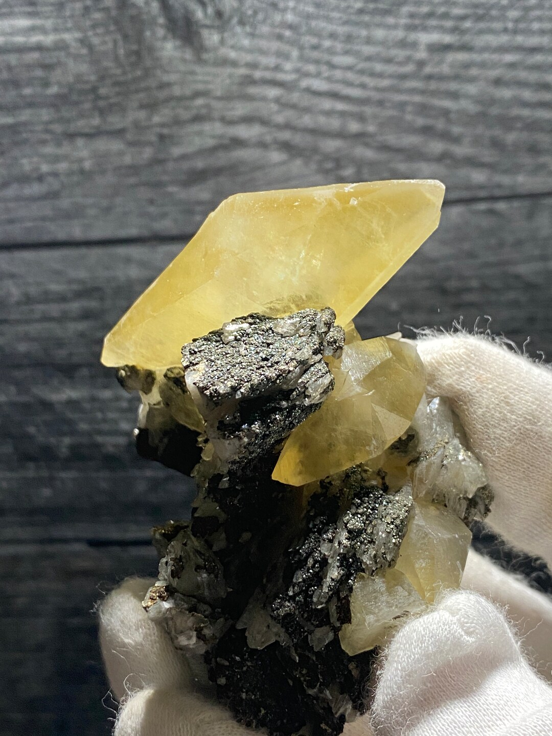 Mango Golden Dogtooth Calcite With Pyrite Crystals Cluster on Matrix ...