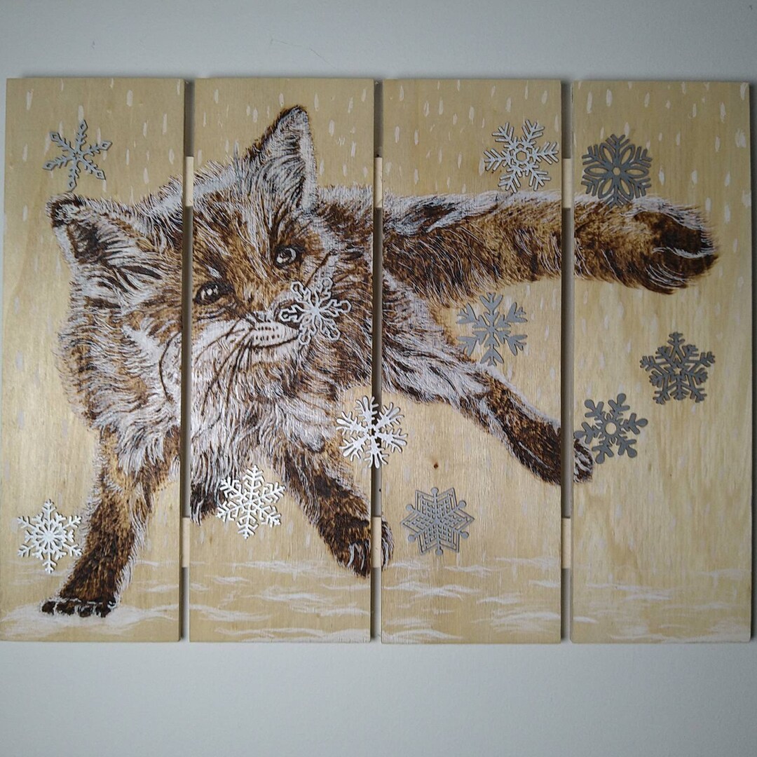 Fox in the Snow Pyrography / Woodburning on 40x30cm Pallet Board With ...