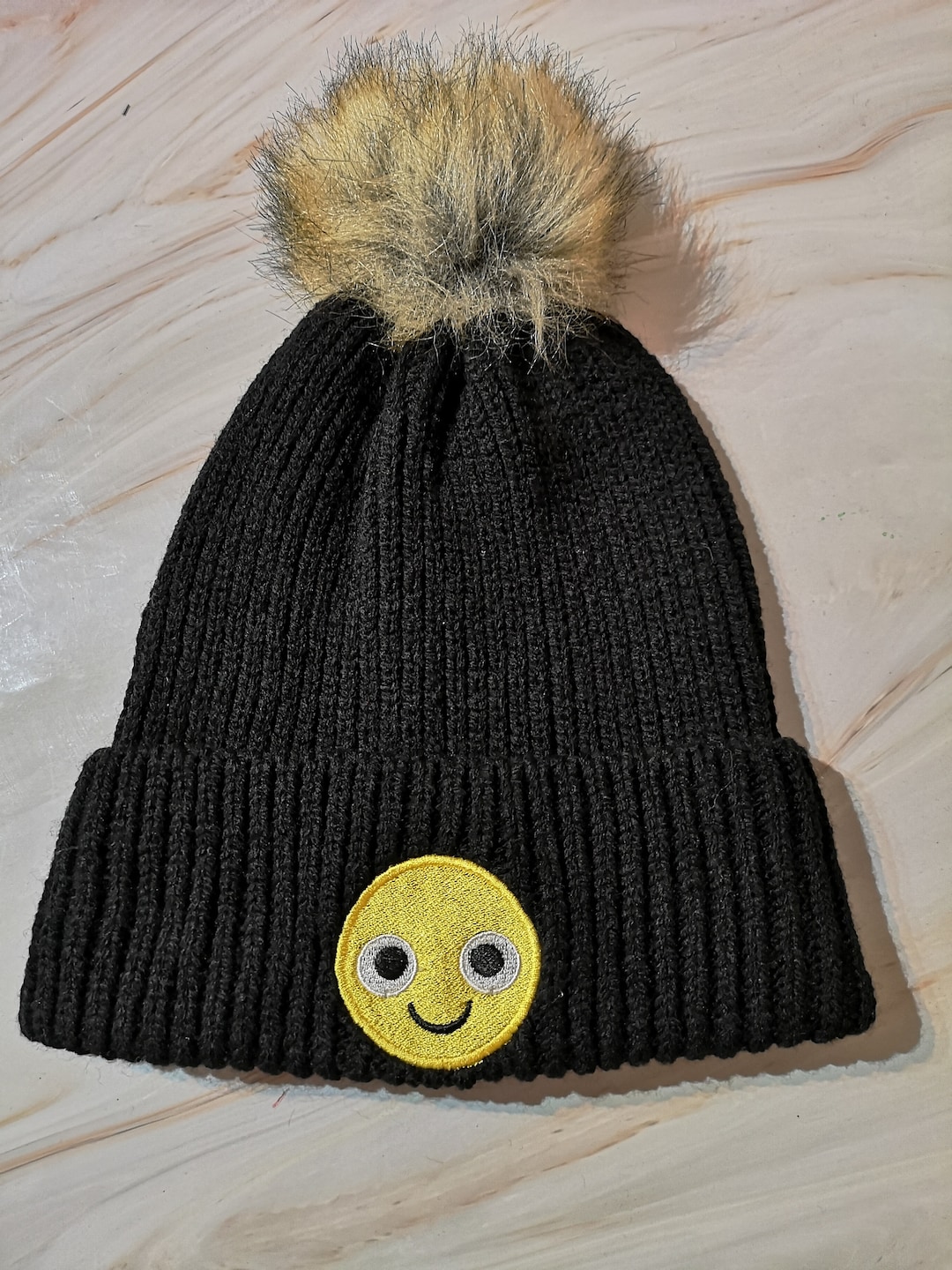Embroider Smiley Face Beanie Hat Wool Smiley Face Hat With Pom - Etsy