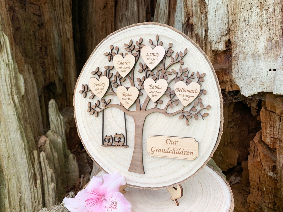 Personalised Wooden Grandchildren Laser Engraved Log Slice Family Tree ...