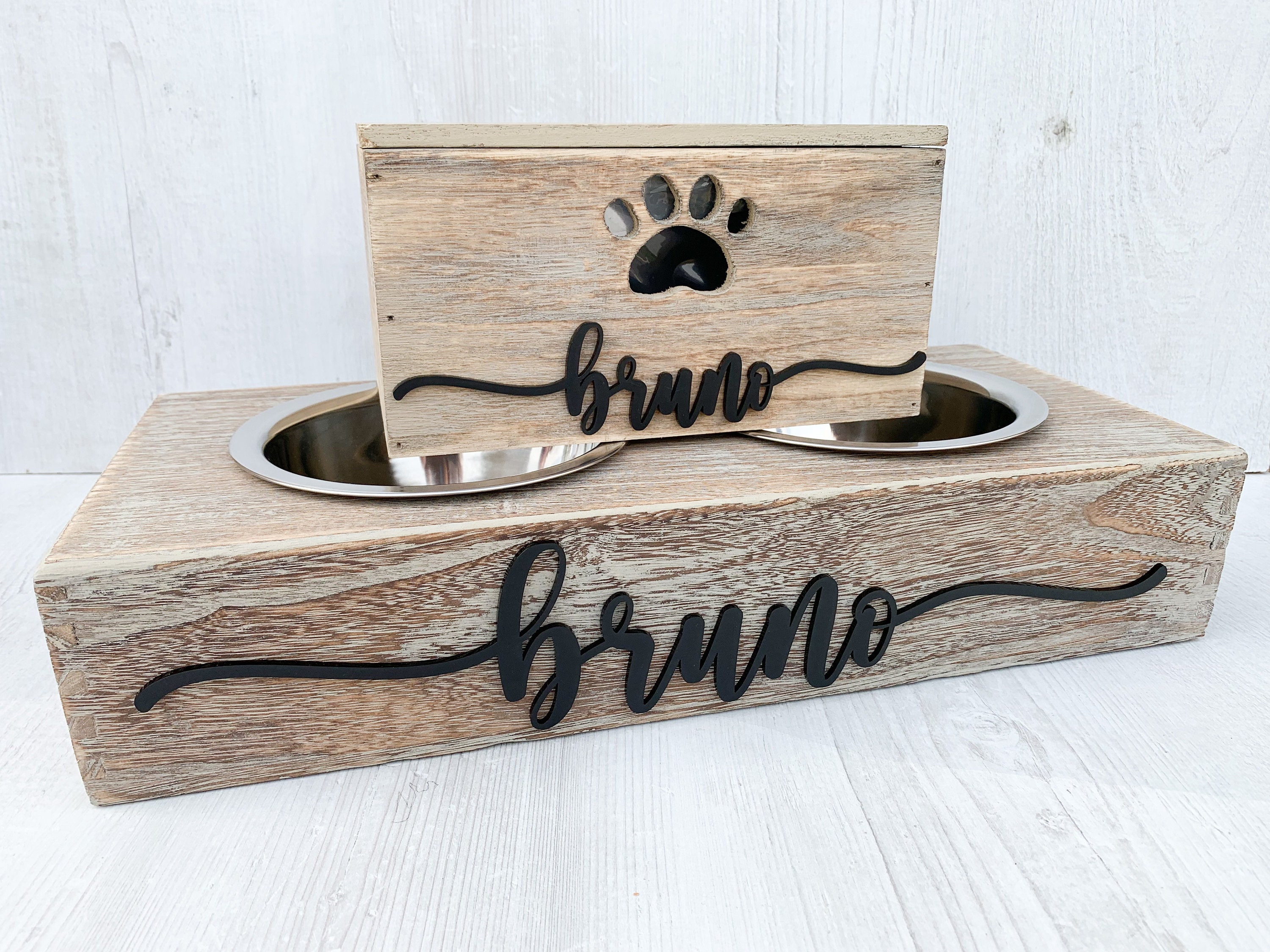 Personalised Dog Set, Wooden Feeding Station and Treat Box, Large Pet ...