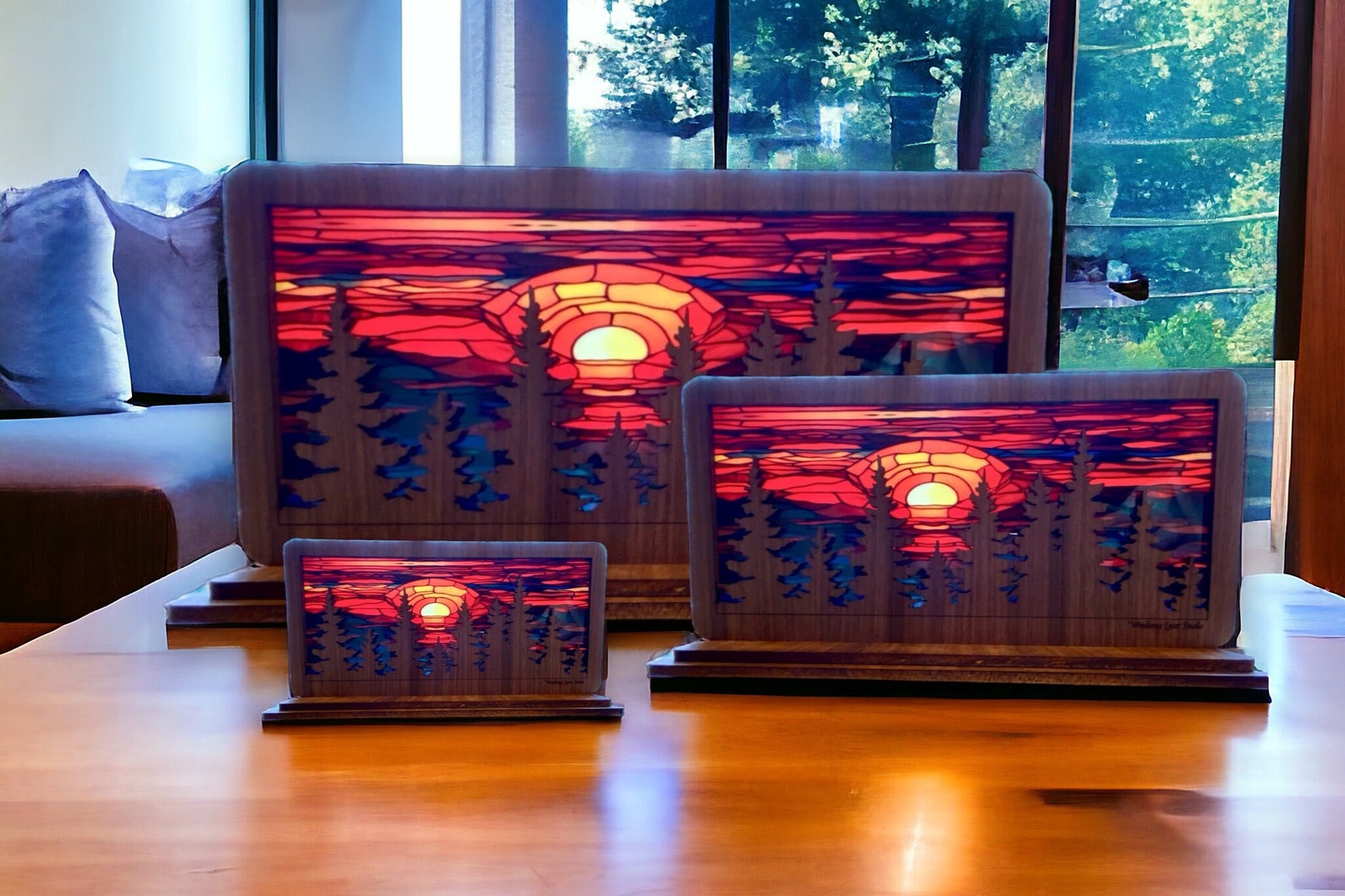 Forest Wooded Tree Line: Wood & Stained Glass Style Suncatcher | Shelf ...
