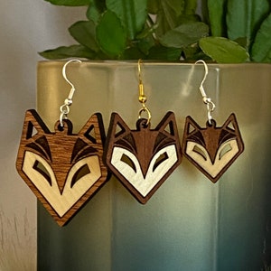 Inlaid Wooden Fox Drop Earrings, Laser Engraved & Cut. Available in 3 ...