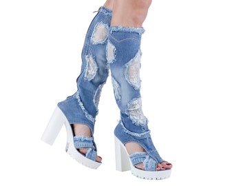 Denim Fabric Patterned Boot - Etsy