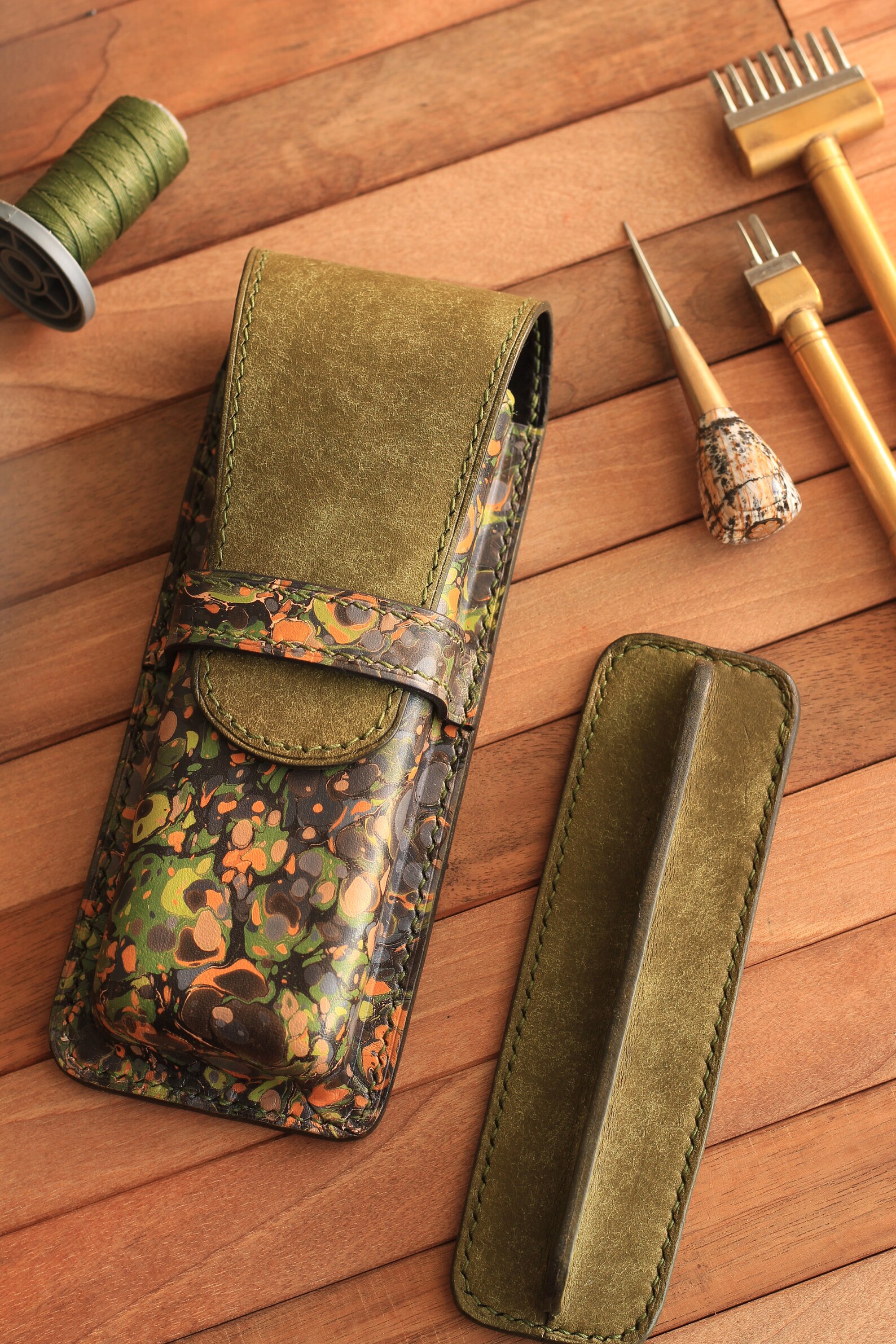 Two Slot Pen Case, Full Marbled Leather Pen Case, Leather Fountain Pen ...