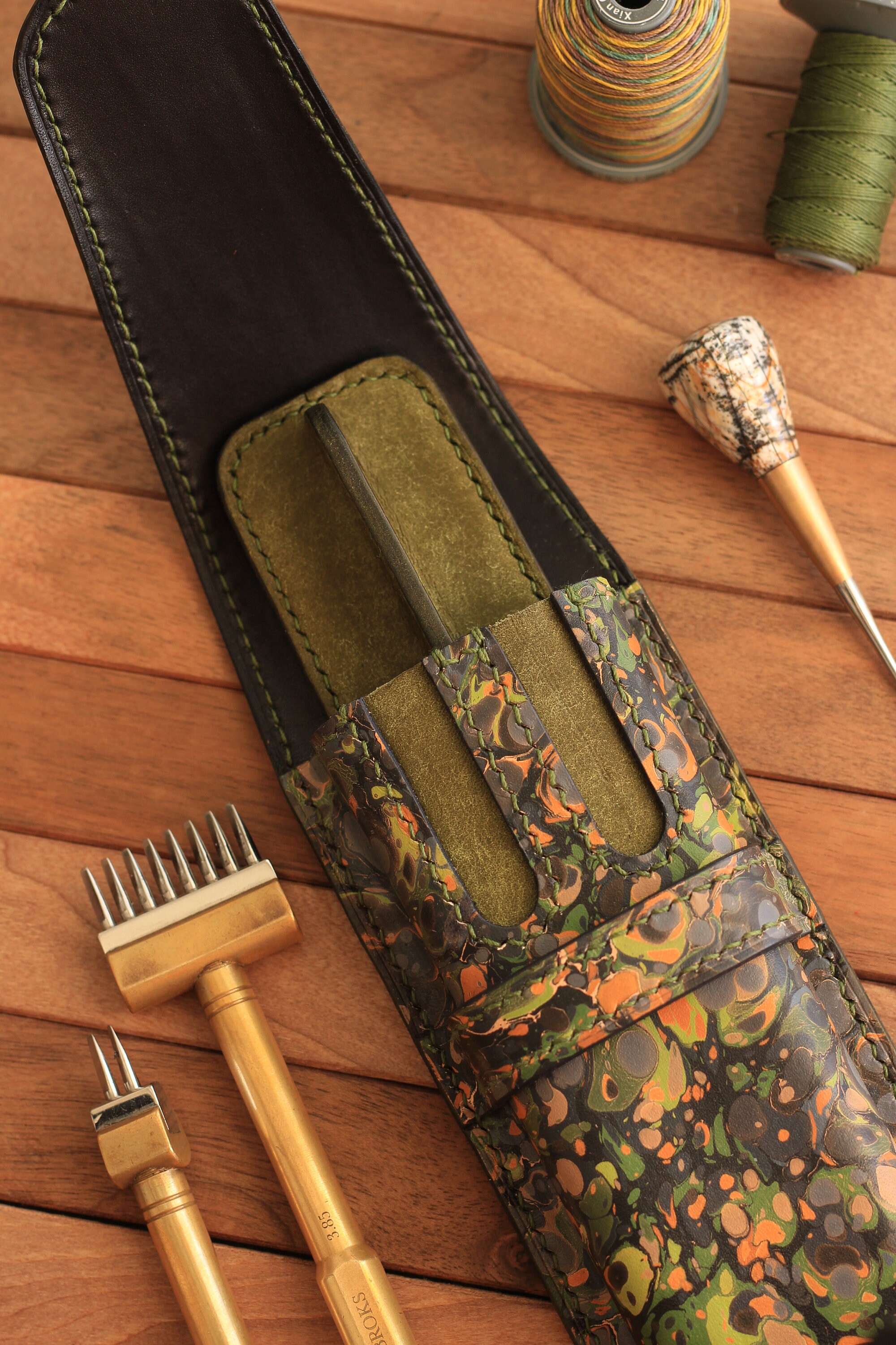 Two Slot Pen Case, Full Marbled Leather Pen Case, Leather Fountain Pen ...