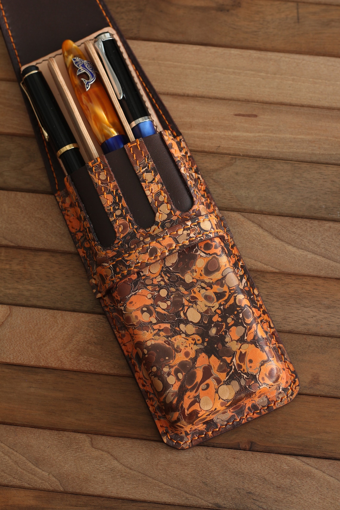 Leather Fountain Pen Case , 3 Pens, Luxury Pen Case, Marbled Leather ...