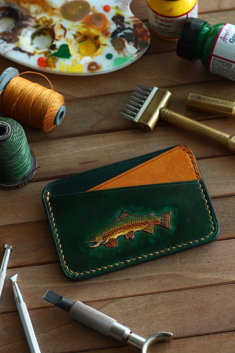 Trout Leather Card Holder,fisherman Gift, Leather Craft Trout ...