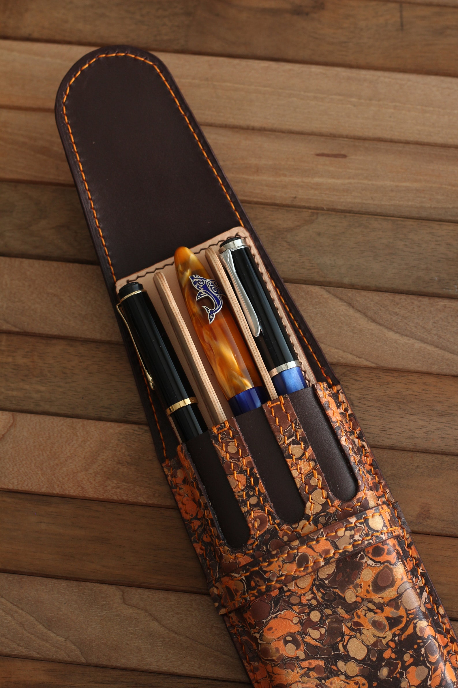 Leather Fountain Pen Case , 3 Pens, Luxury Pen Case, Marbled Leather ...