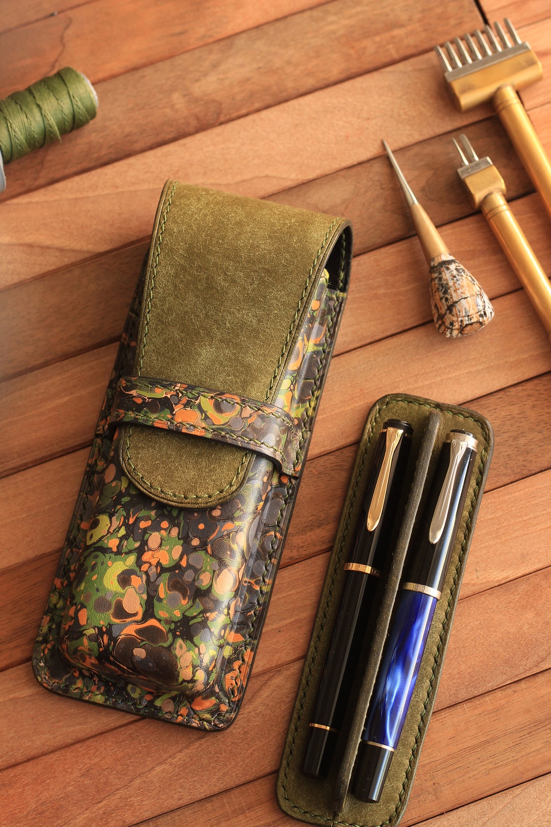 Two Slot Pen Case, Full Marbled Leather Pen Case, Leather Fountain Pen ...