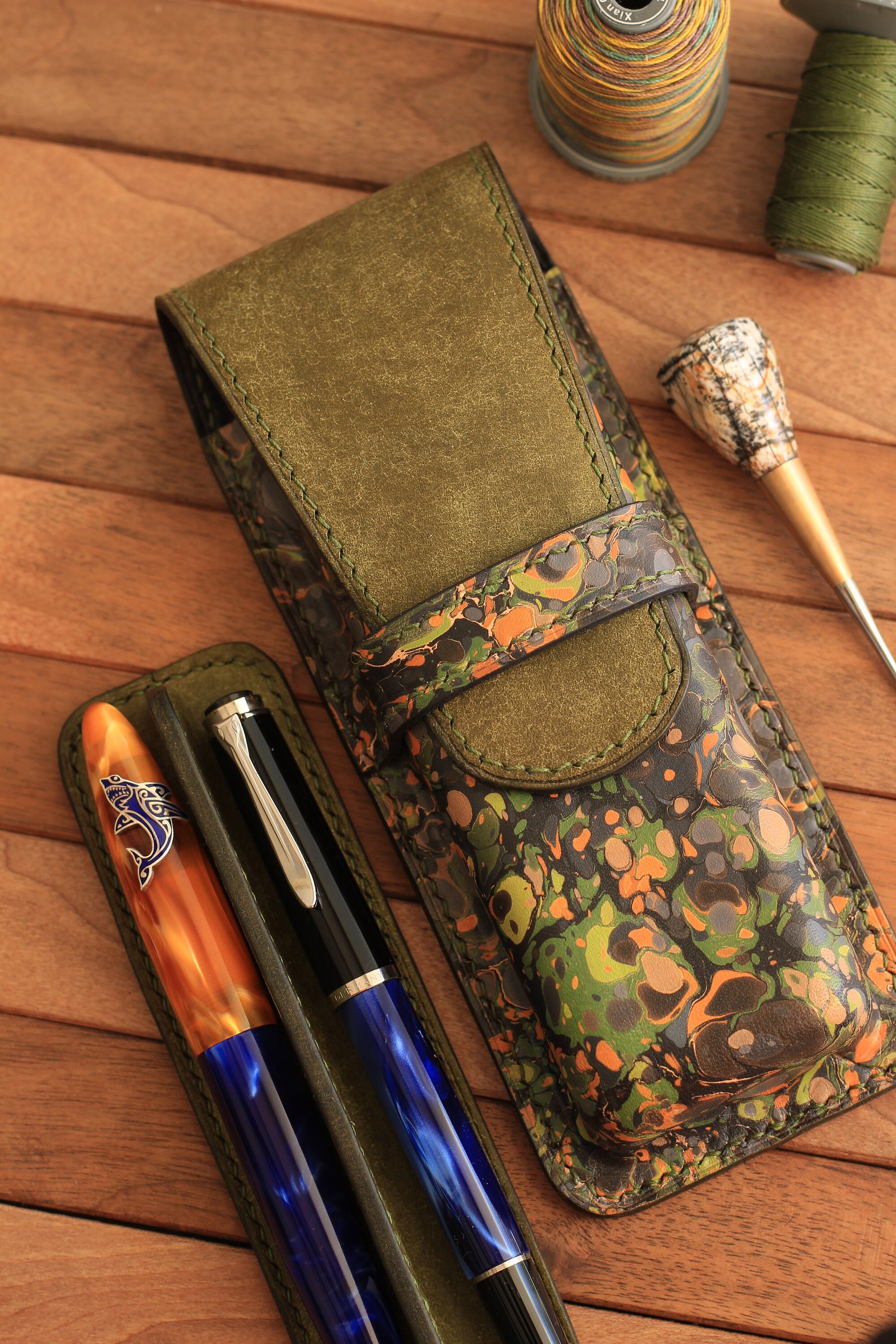 Two Slot Pen Case, Full Marbled Leather Pen Case, Leather Fountain Pen ...