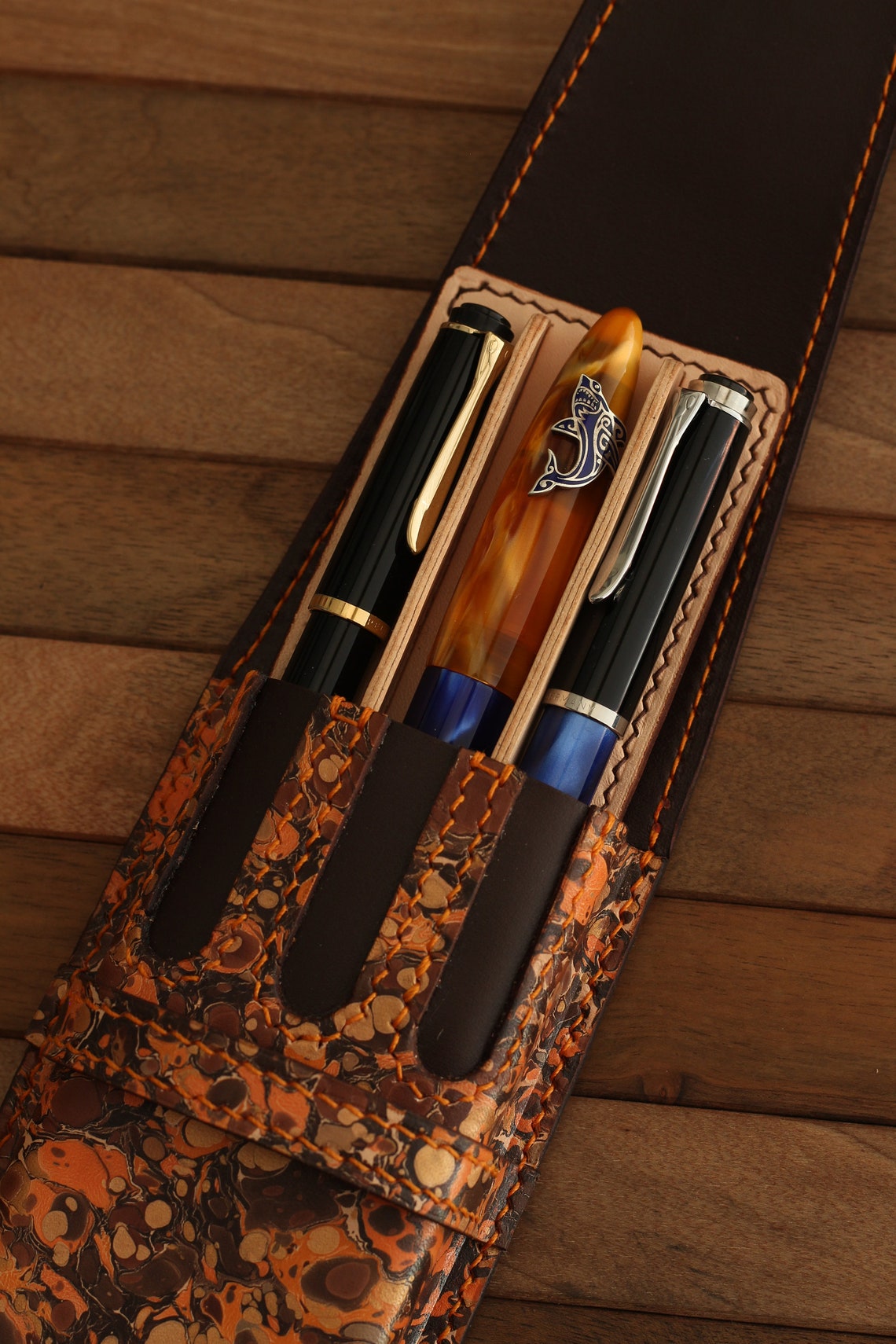 Leather Fountain Pen Case , 3 Pens, Luxury Pen Case, Marbled Leather ...