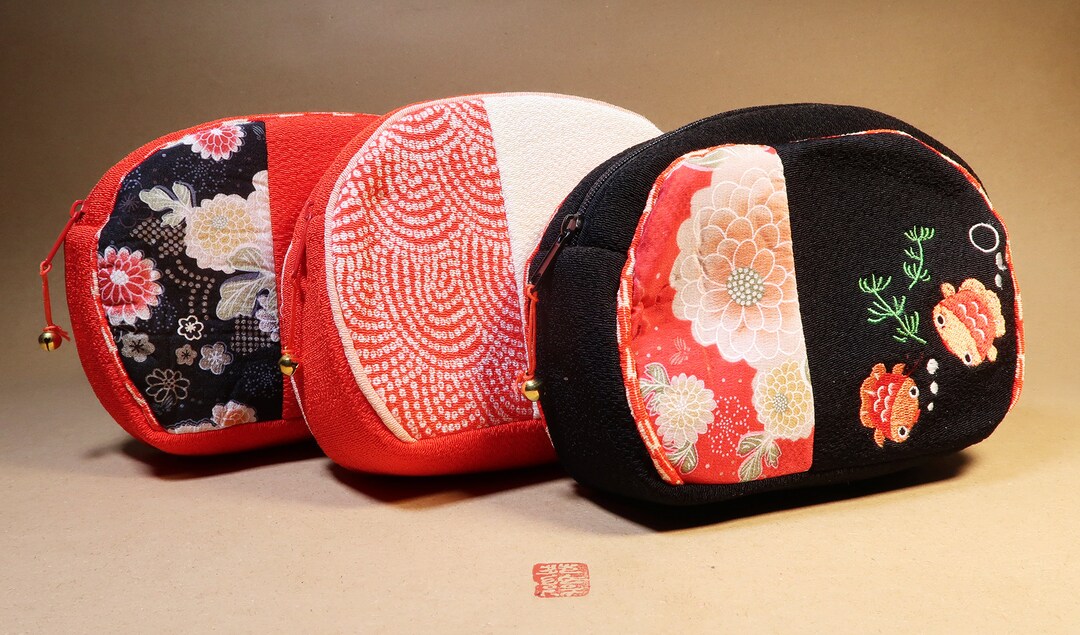 Japanese Goldfish Embroidered Pouch, Made of Japanese Chirimen Kimono ...