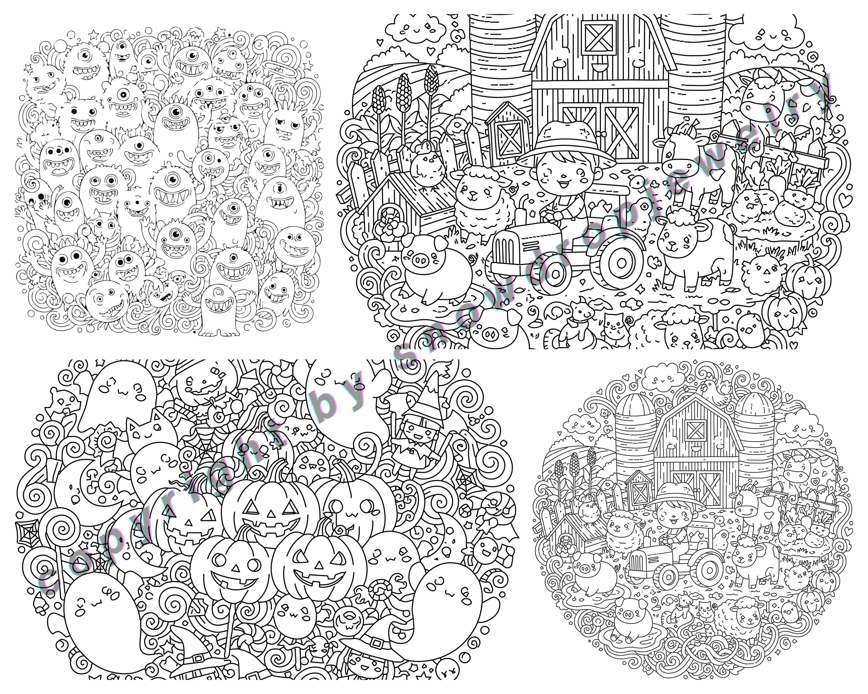 Kawaii Doodle Coloring Pages Bundle | 4 Cute Farm, Halloween, Monster ...