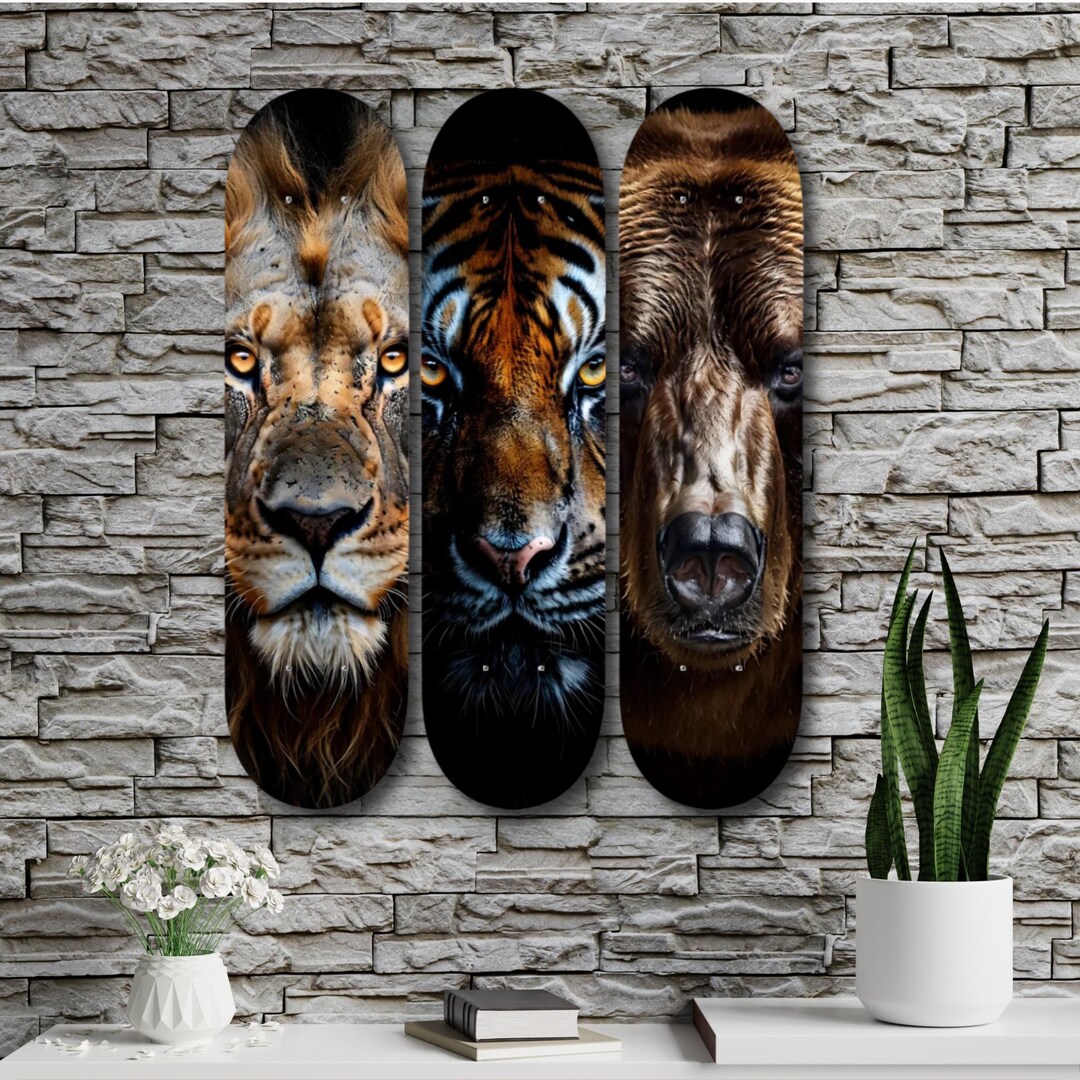 Skateboard Deck Wall Art, Lion Tiger and Bear 3 Panel Wood Skateboard ...