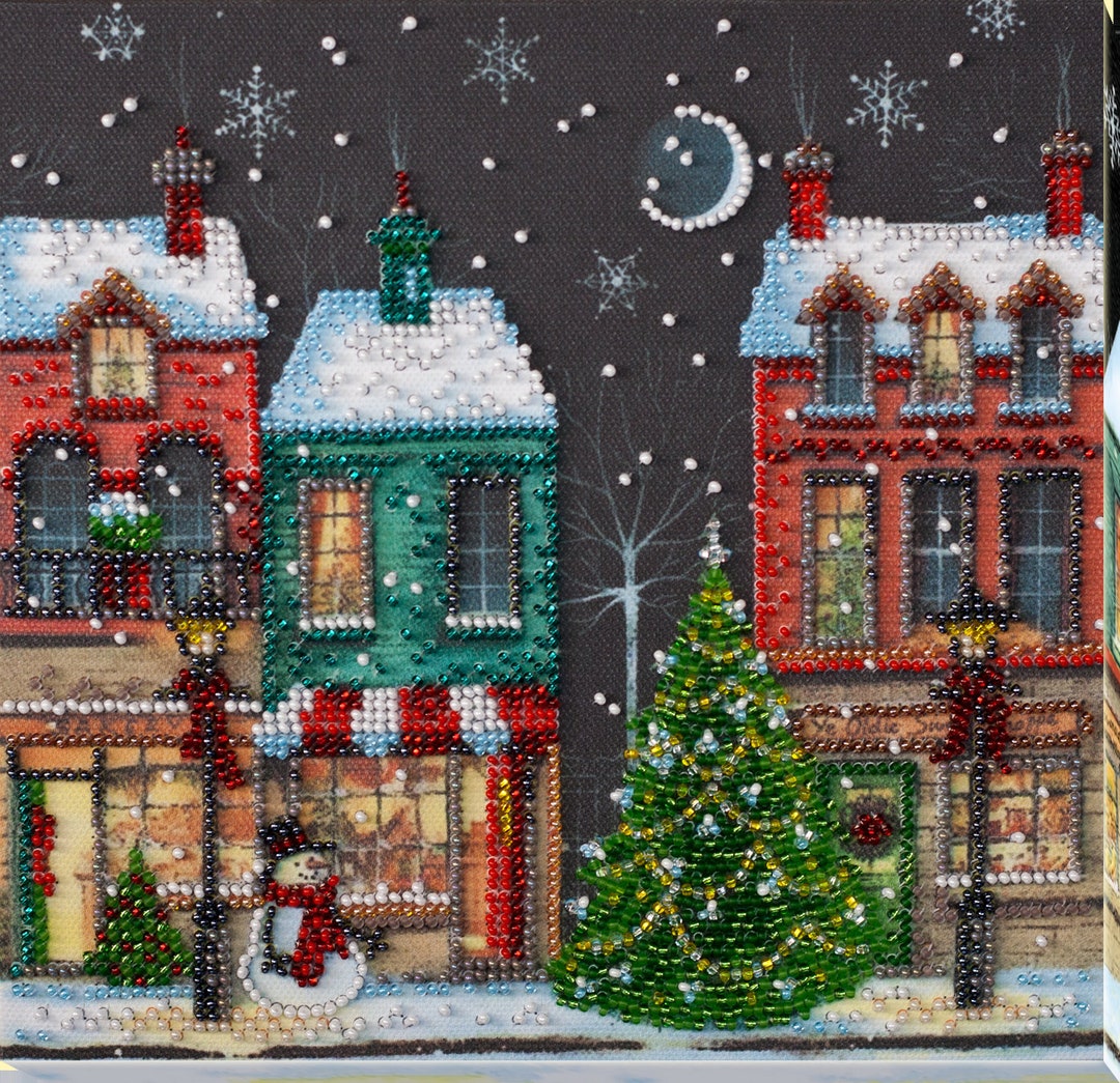 Bead Embroidery Kit on Art Canvas Festive Town. DIY Beadwork Kit ...