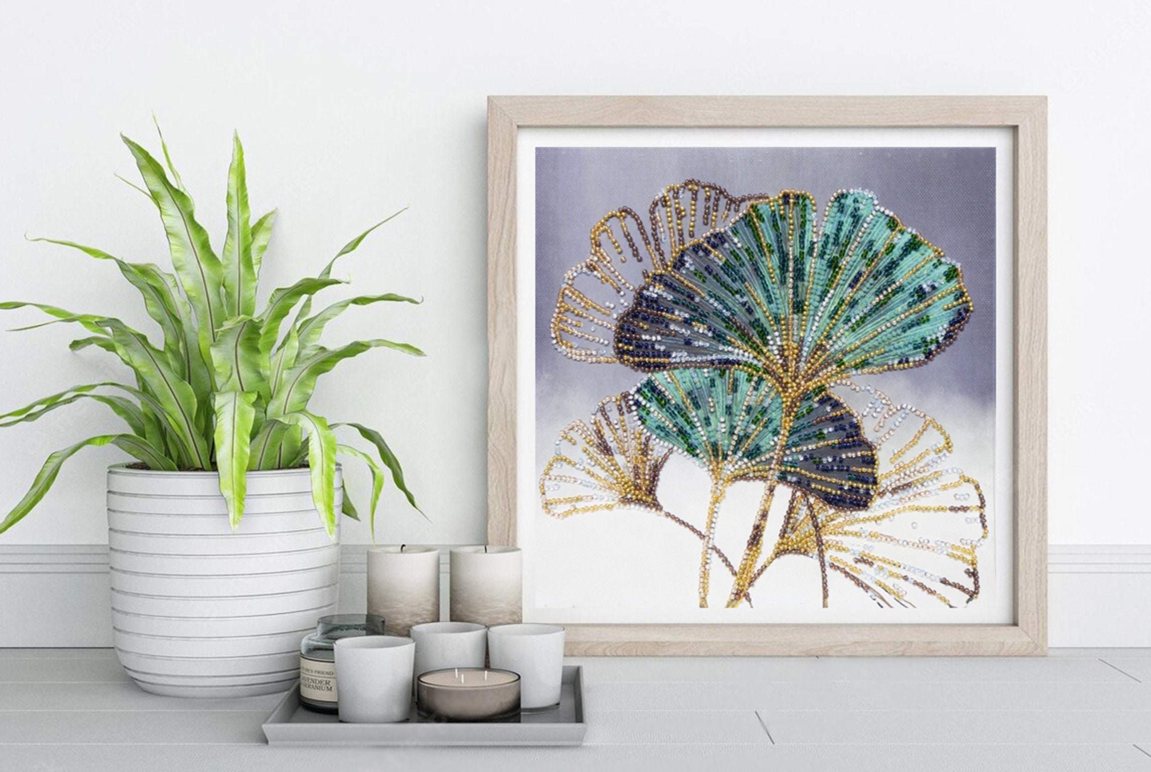 Bead Embroidery Kit on Art Canvas Emerald Leaves. DIY Beadwork Kit ...
