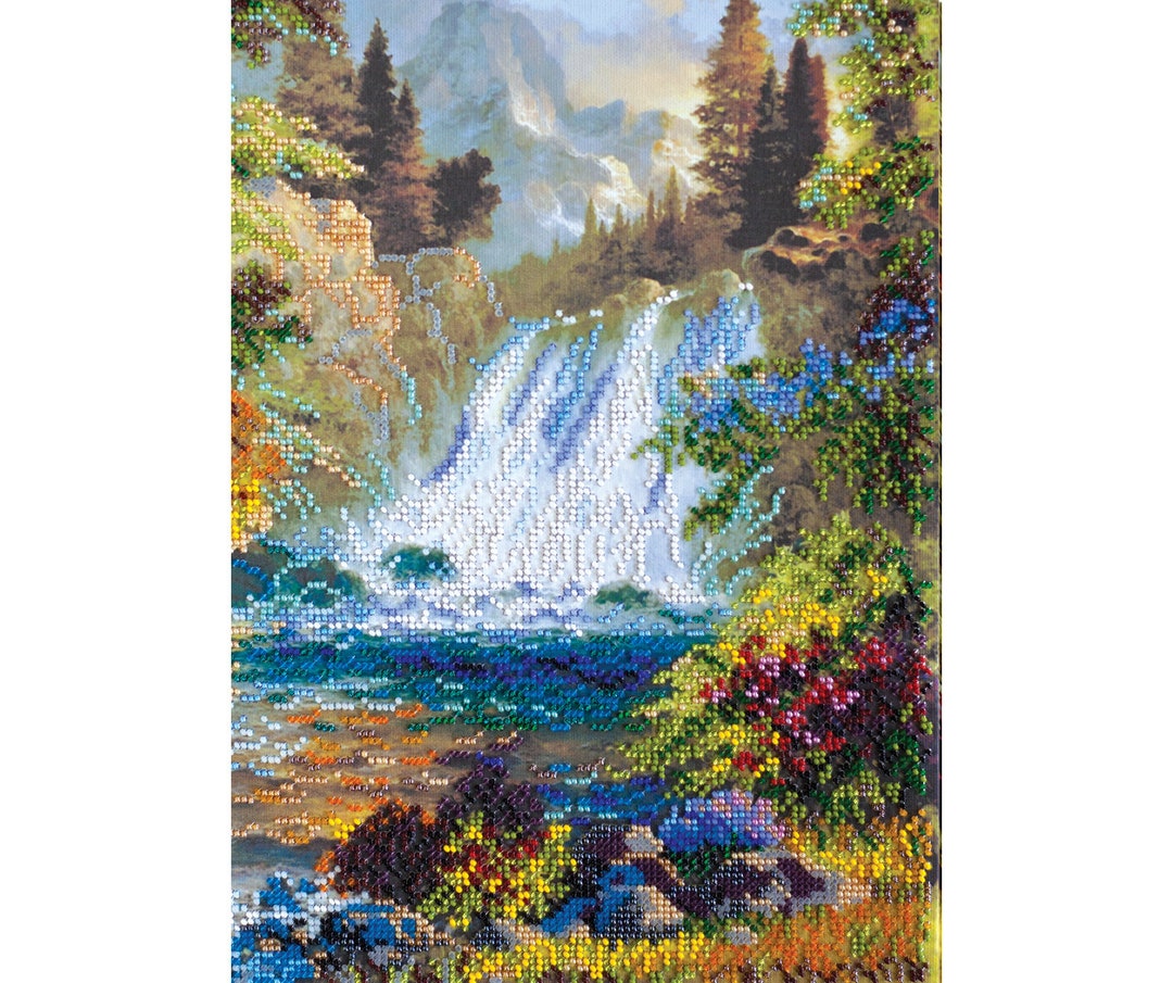 Bead Embroidery Kit on Art Canvas Waterfall. DIY Beadwork Kit ...