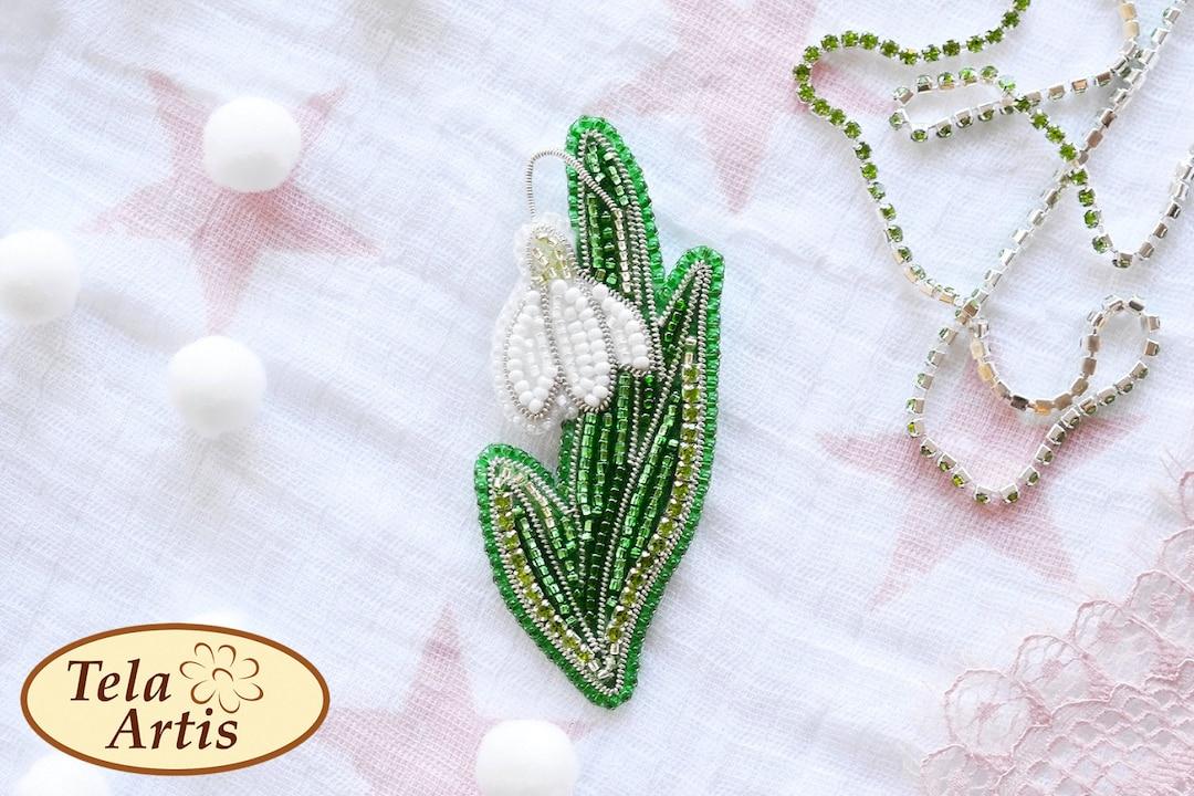 DIY Jewelry Making Kit, Seed Beaded Brooch "snowdrop", Tela Artis. Bead Embroidery, Needlework ...