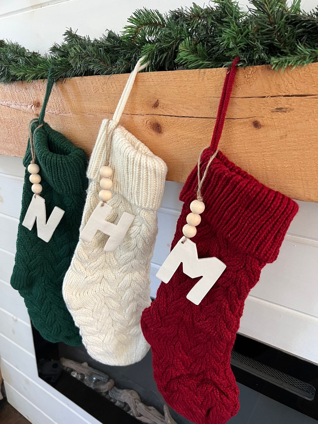 Stocking + Stocking Tag - White Letter Beaded Stocking Tag With Knit ...