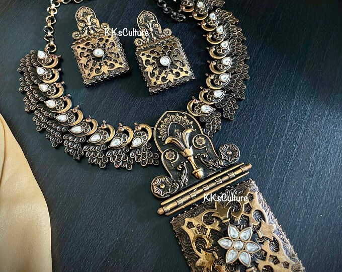 Fusion Dual Tone Antique Finish Peacock Motif Statement Necklace Set ...