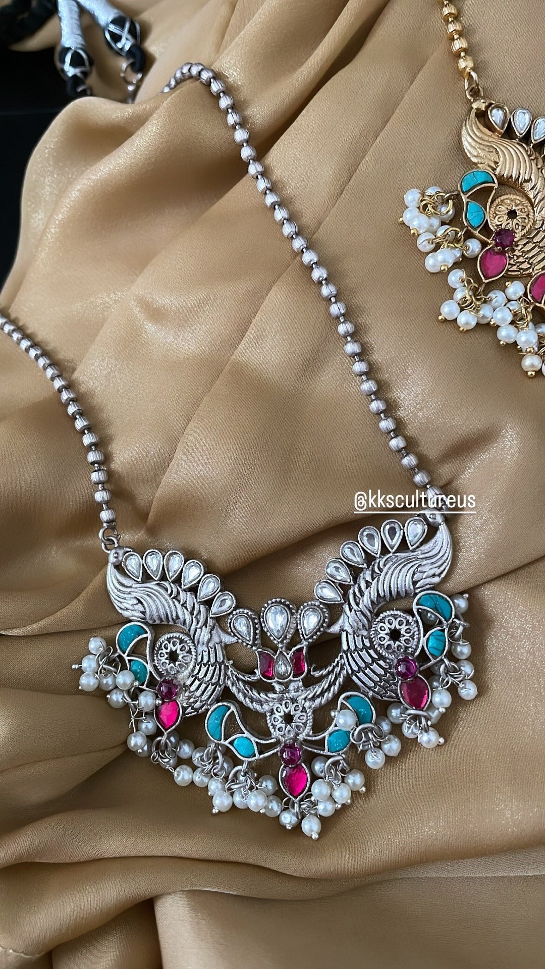 Festive Fusion Amrapali Silver Look Like Pendant Matar Mala Necklace ...