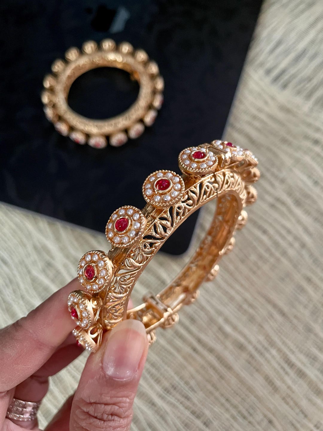 Antique Gold Pearl Ruby Bangles: Indian Kada Kangan, Size 2.4 - Etsy