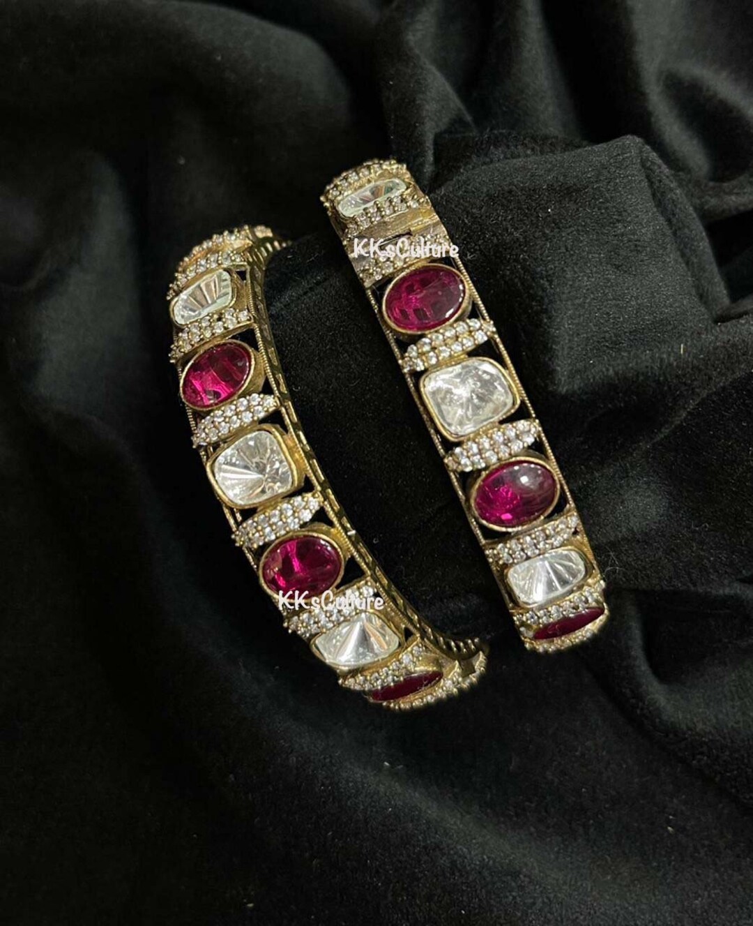 Moissantie Polki Garnet Antique Gold Finish Bangle Openable Mint Green Gold Kundan Bangle Red ...