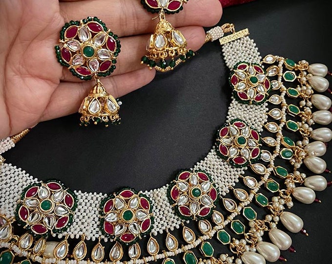 Traditional White Chatai Ahmedabadi Kundan Emerald Stones Pearl Drops ...