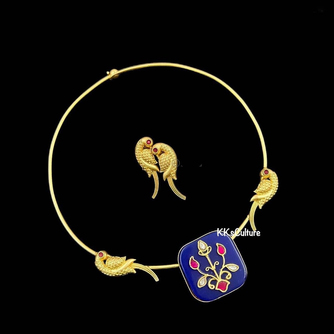 Ethnic Fusion Gold Hasli Necklace Set Bird Motif Inlay Fusion Jewelry ...