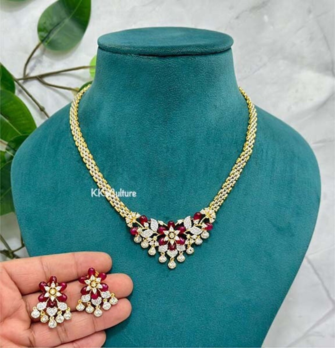 Gold Plated Famous Brand Inspired Ruby American Diamond Necklace Set