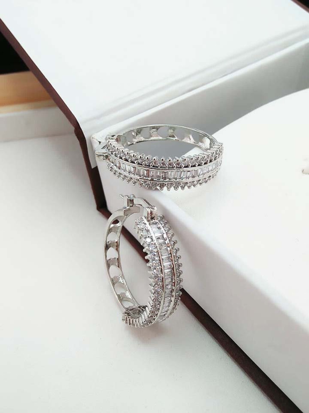 Delicate American Diamond Stud Hoop Earrings Bali Silver Finish ...