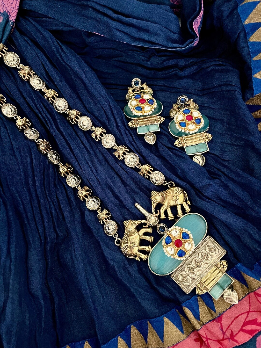 Designer Fusion SLA Dual Tone Blue Elephant Bohemian Necklace Mala ...