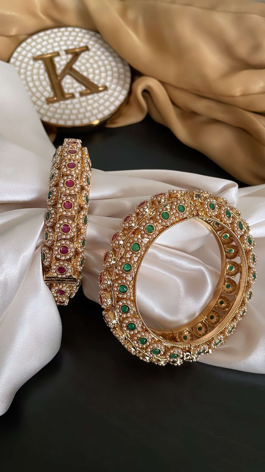 Gold Plated Openable Traditional Red Green White Jadau Bangle Bridal ...