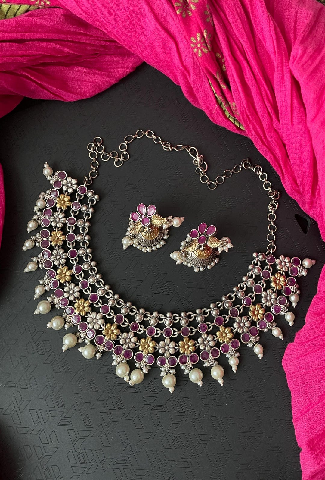 Dual Tone Fusion Pink Stone Pearl Necklace Set | Ethnic Fusion Jewelry ...